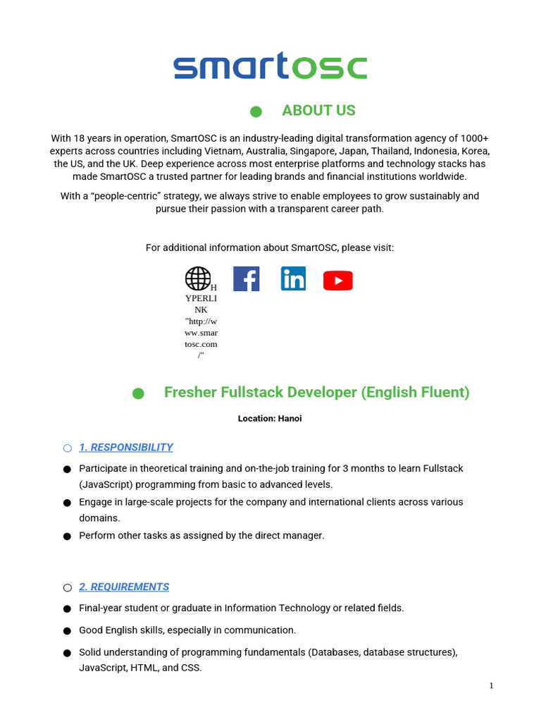 (SmartOSC) Fresher Fullstack Javascript (English Fluent) | PDF | Java Script | Object Oriented ...