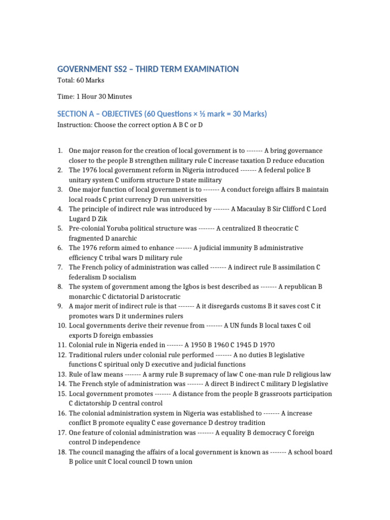Government SS2 Third Term Exam | PDF | Nigeria | Government