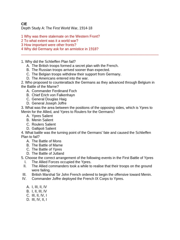 Depth Study A The First World War 1914 18 Quiz | PDF | World War I ...