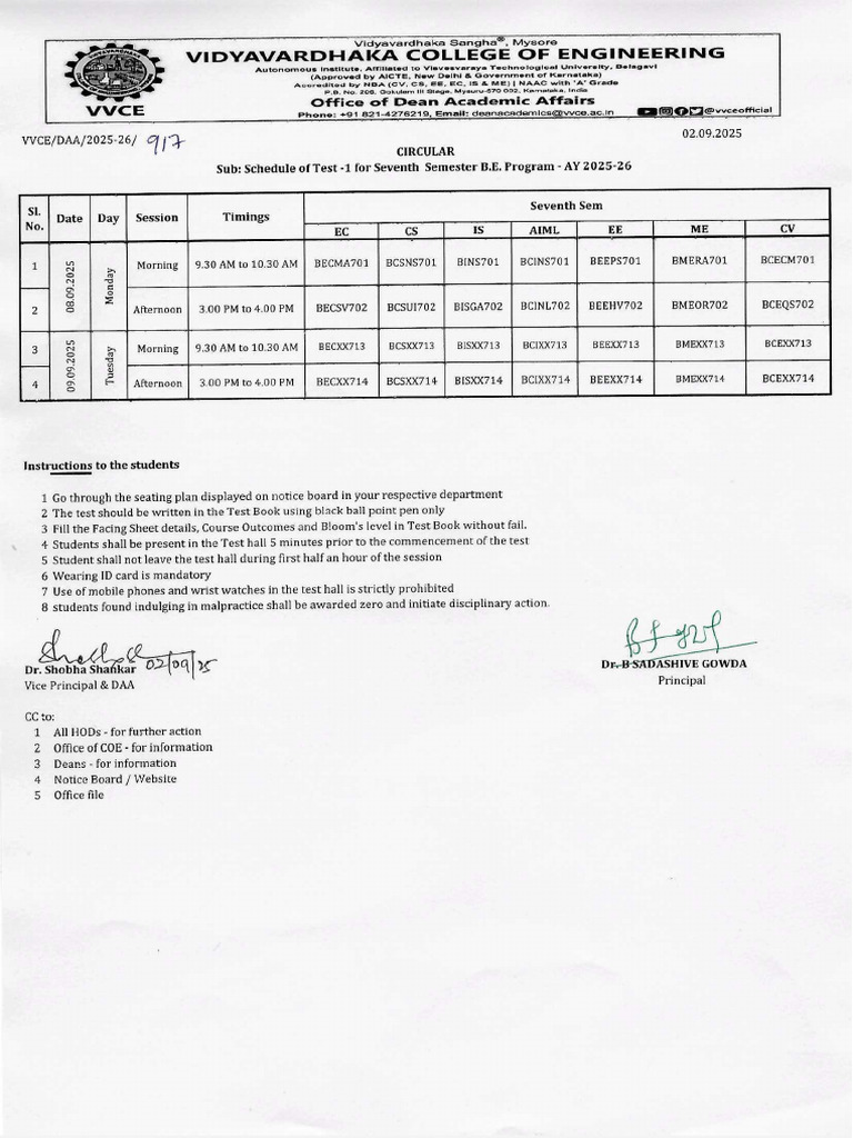 Circular - Test-1 Schedule - VII Sem B.E. | PDF
