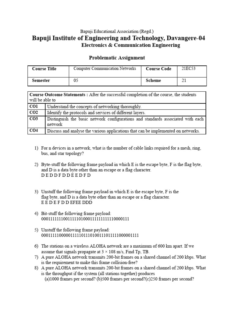 Assignment 2 - Problem (Computer Communication Network-21EC53) | PDF | Computer Network | Computing