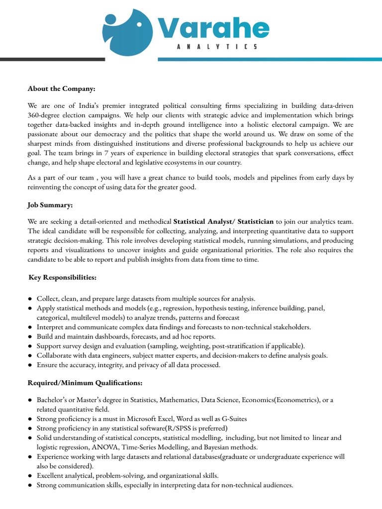 Statistical Analyst - Statistician - Varahe Analytics - JD | PDF ...