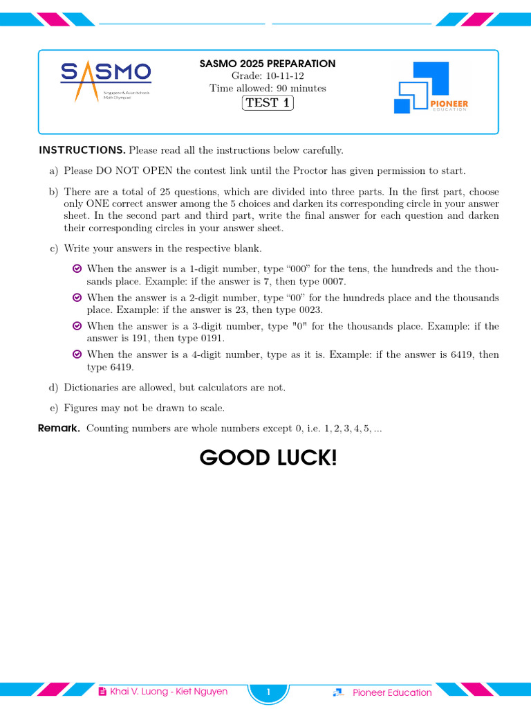 SASMO 2025 Math Test Overview | PDF | Area | Square Root