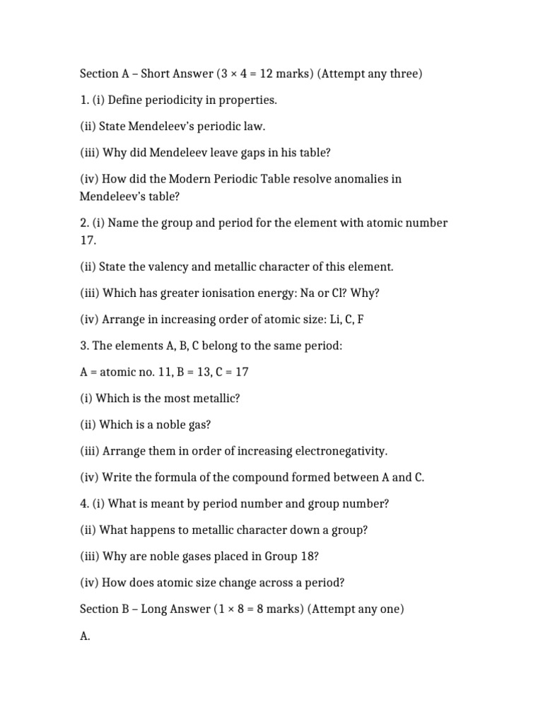 ICSE Class 10 Periodic Table Worksheet | PDF