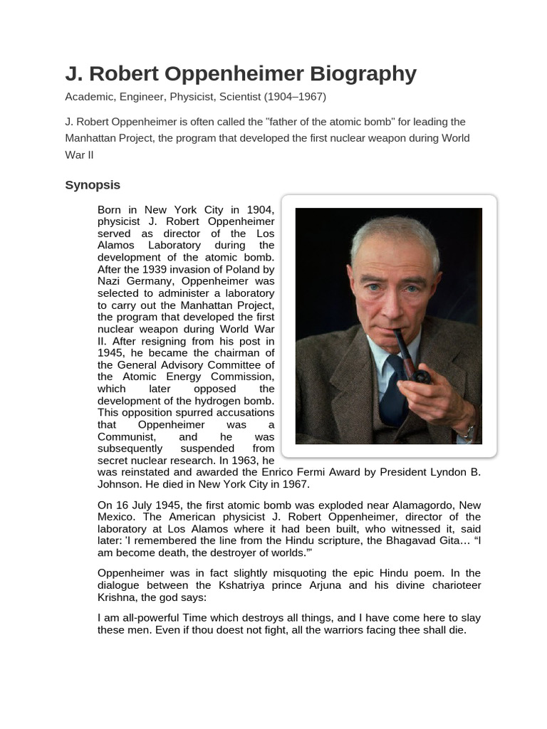 J Robert Oppenheimer Biography | PDF | Manhattan Project | Nuclear ...