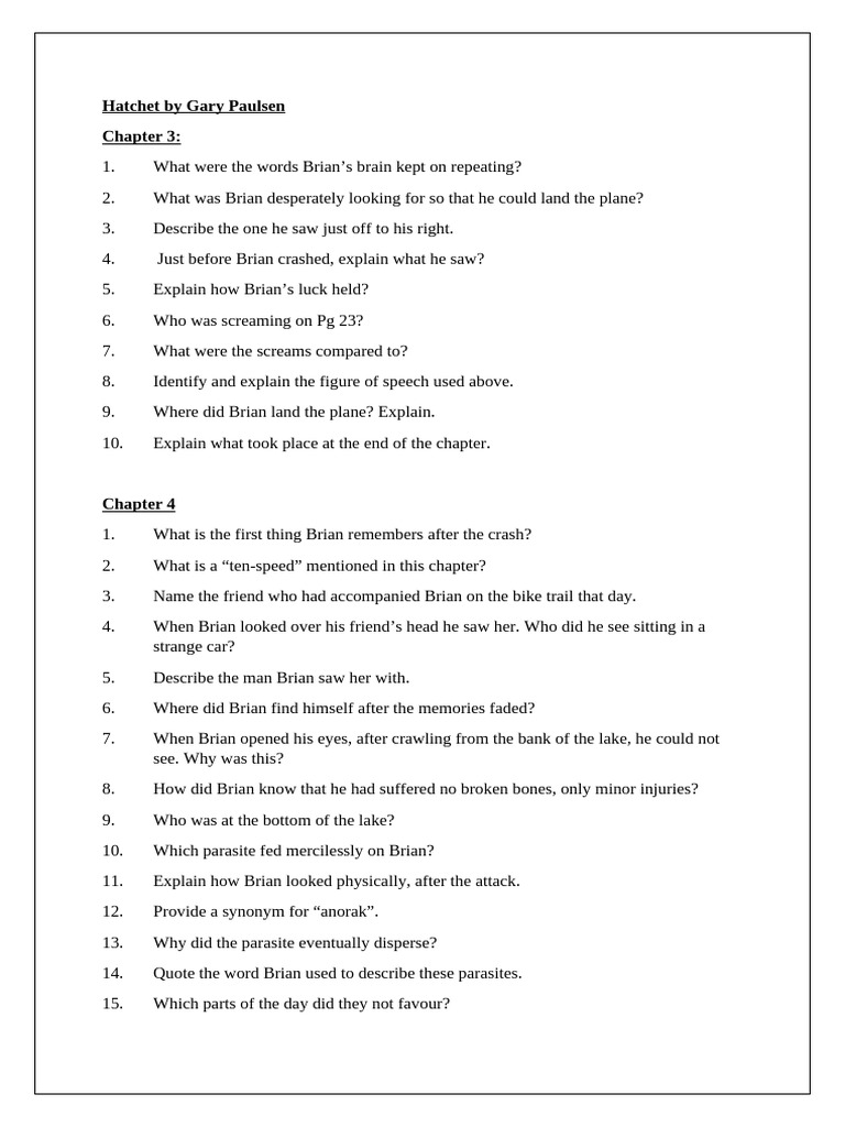 Hatchet by Gary Paulsen Chapters 3 and 4 | PDF