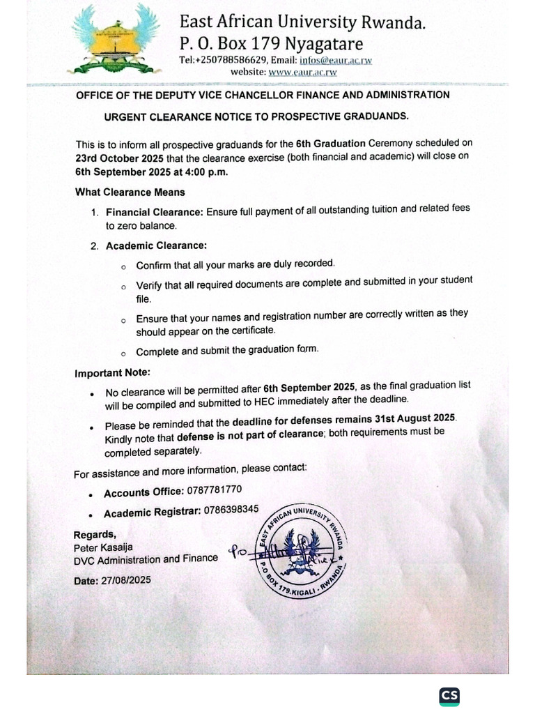 Graduation Clearance Notice | PDF