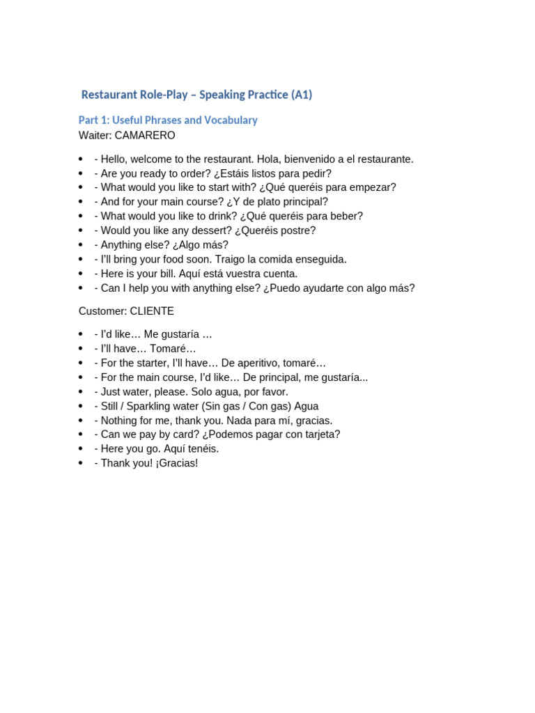 Restaurant Roleplay Cued Dialogue Worksheet | PDF