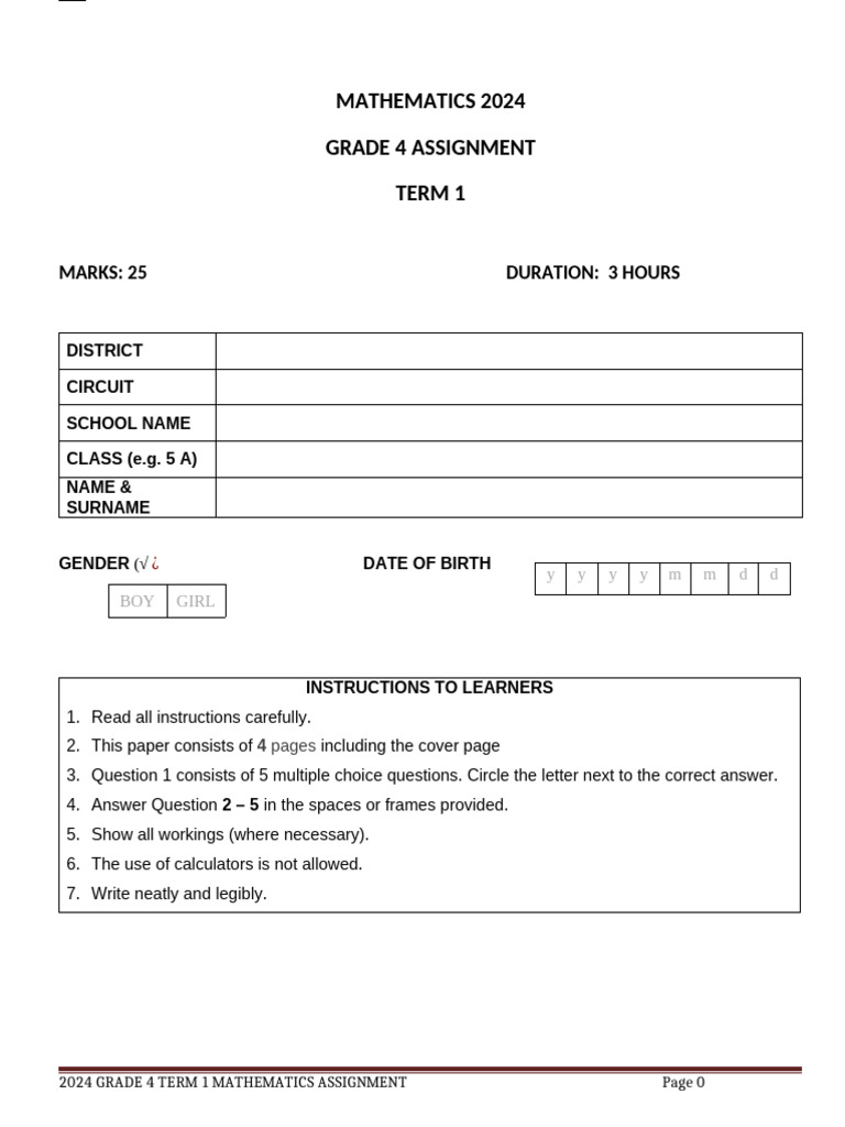 Grade 4 Term 1 Math Assignment 2024 | PDF | Mathematics