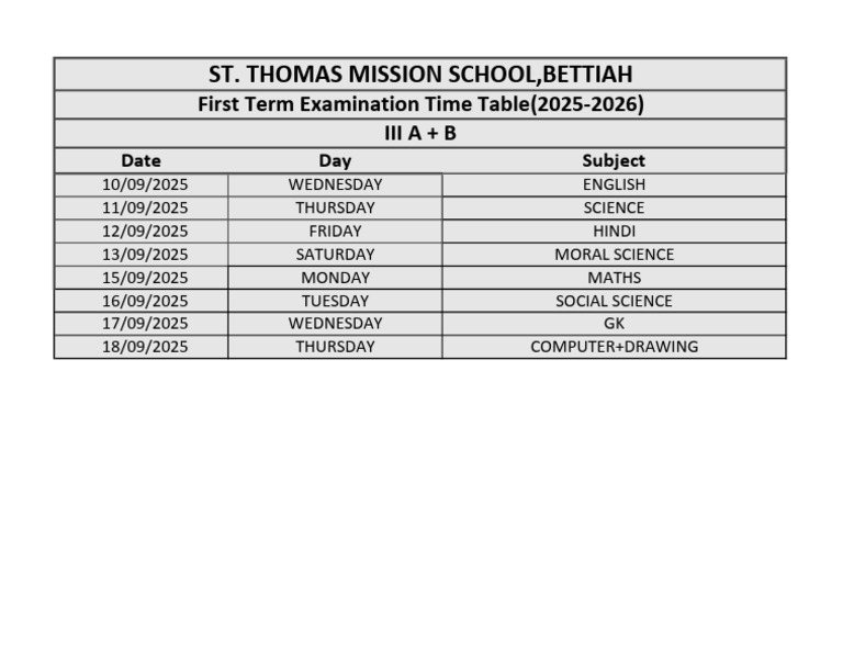 St. Thomas Mission School, Bettiah: First Term Examination Time Table ...
