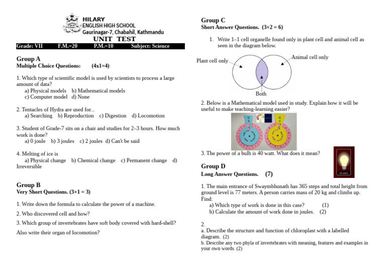 Grade 7 Science Unit Test Questions | PDF