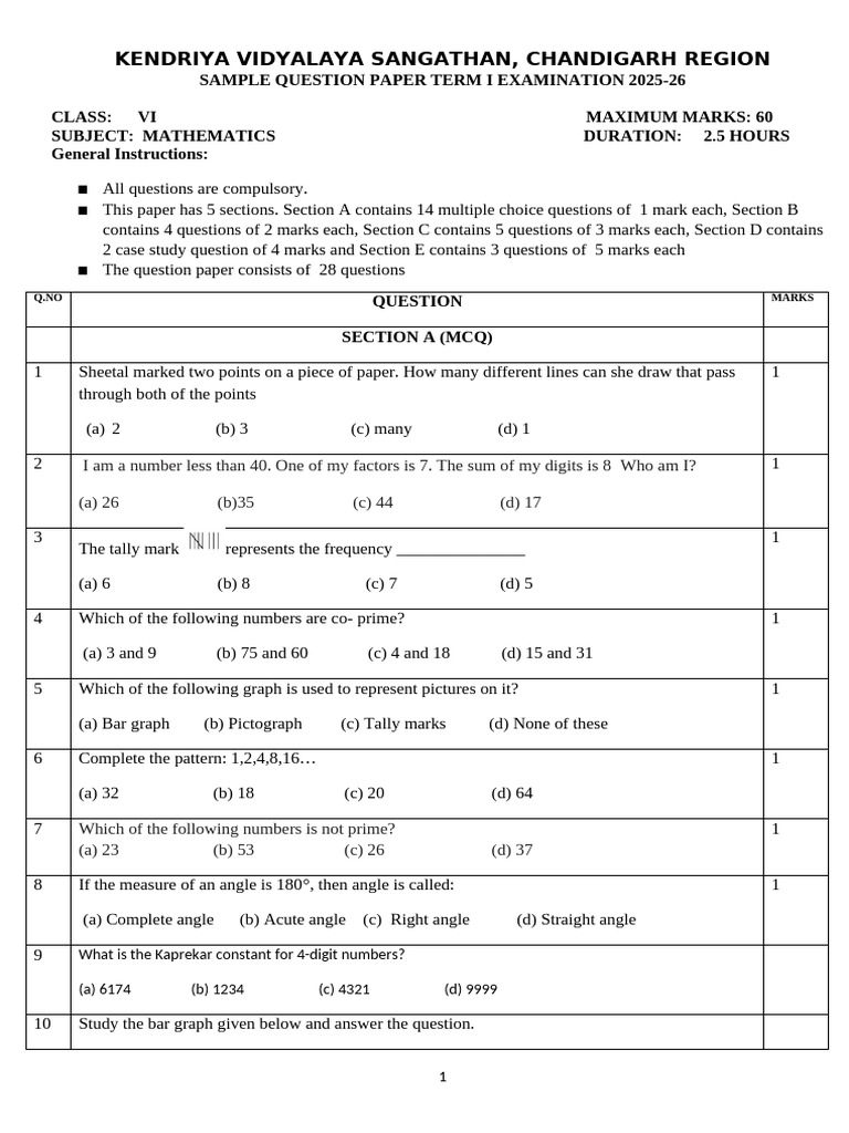 Class 6 Mathematics Sample Paper 2025-26 | PDF