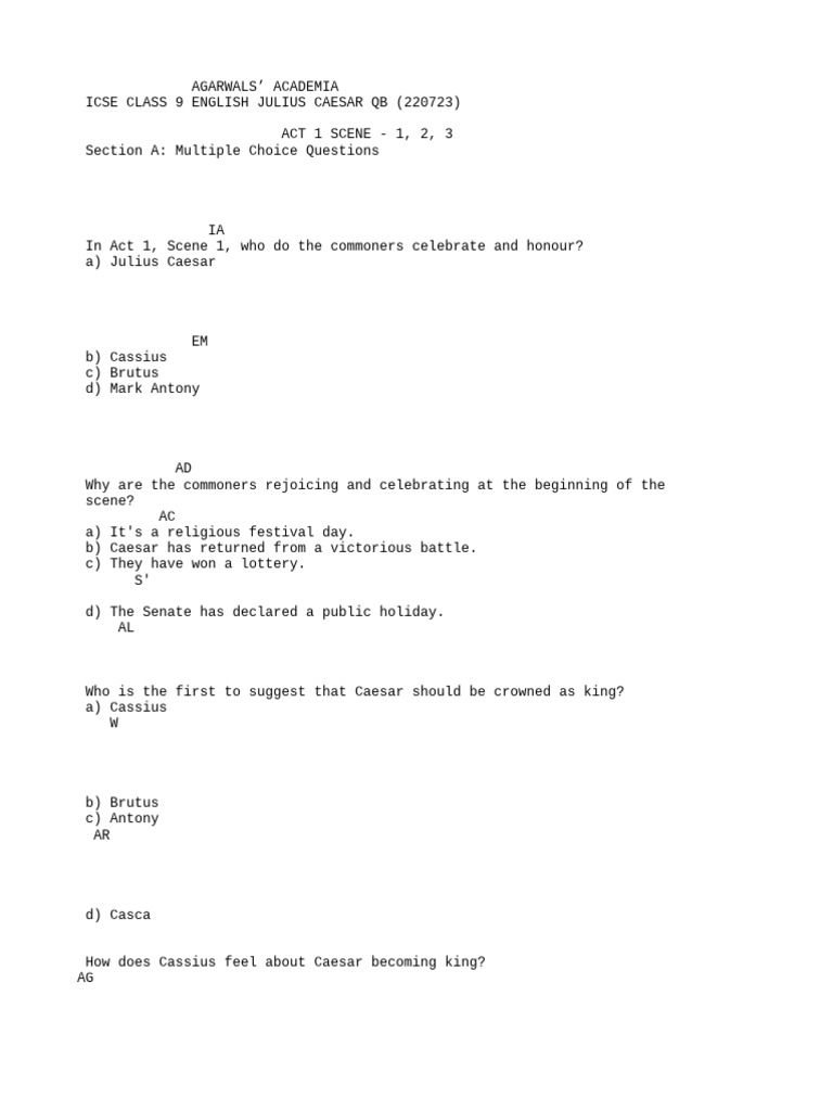 Icse Julius Caesar Act 1 Scene 1 2 3 QUESTIONS | PDF | Julius Caesar