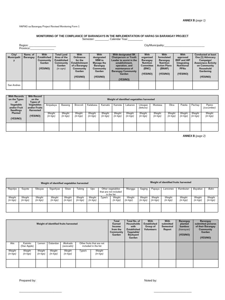SA HAPAG Monitoring Form 1 Barangay | PDF | Botany | Edible Plants