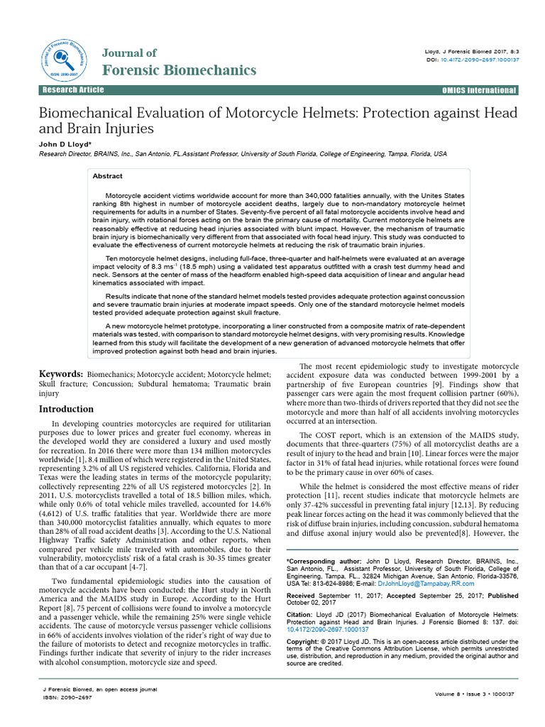 Motorcycle Helmet Biomechanics Study | PDF | Traumatic Brain Injury ...