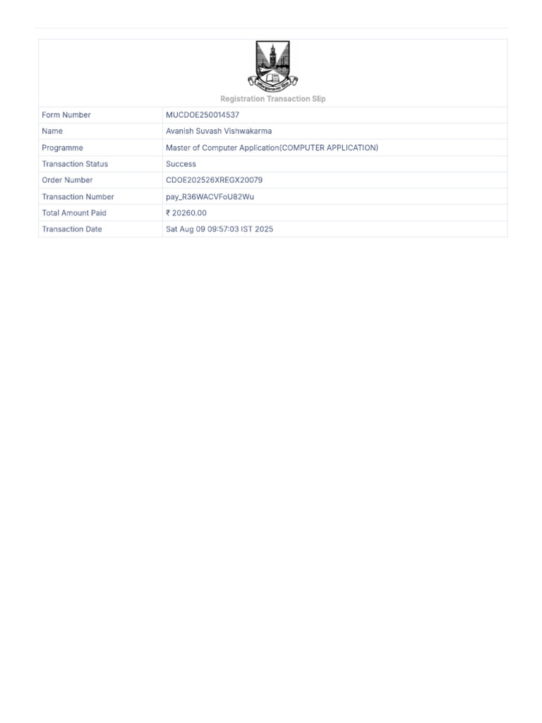 MCA Admission Payment | PDF