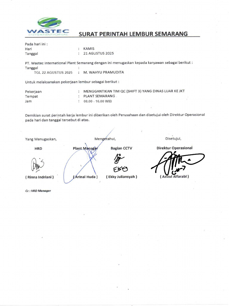 Surat Perintah Lembur Semarang 21-22 Agustus 25 | PDF