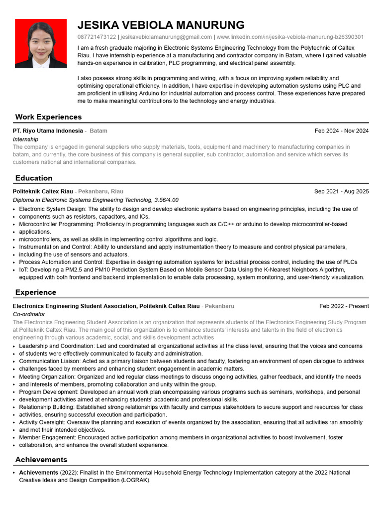 Resume Jesika Vebiola Manurung | PDF | Automation | Programmable Logic Controller