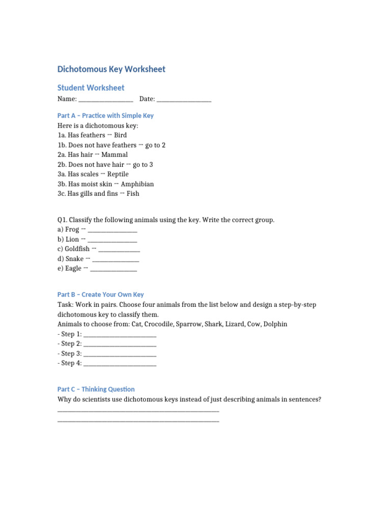 Dichotomous Key Practice Worksheet | PDF