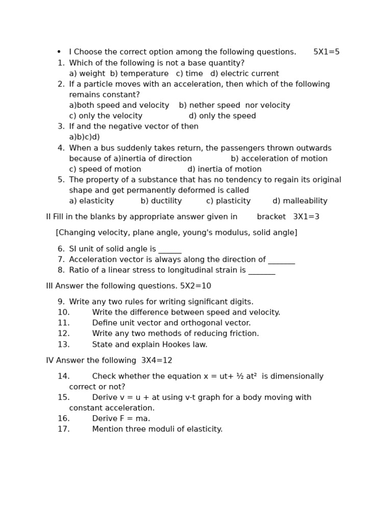 Physics Quiz: Concepts and Calculations | PDF