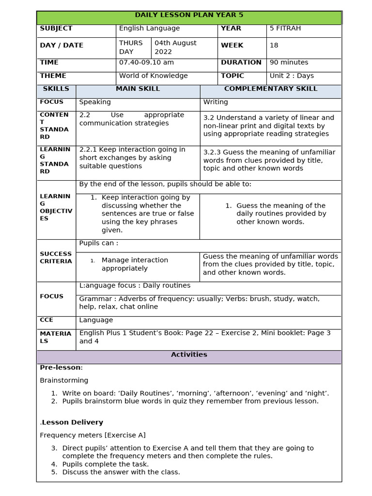 Year 5 English Lesson Plan: Daily Routines | PDF | English Language ...