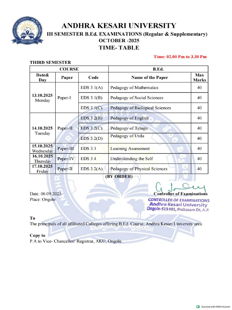 B.Ed. Time Table III 2025-2026 | PDF