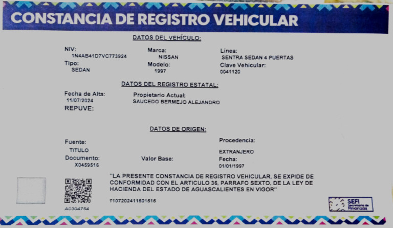Registro Vehicular Nissan 1997 | PDF