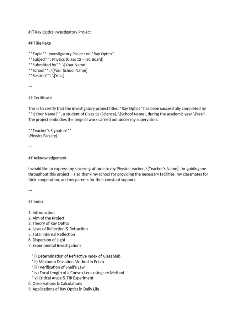Ray Optics Investigatory Project Guide | PDF | Optics | Refraction