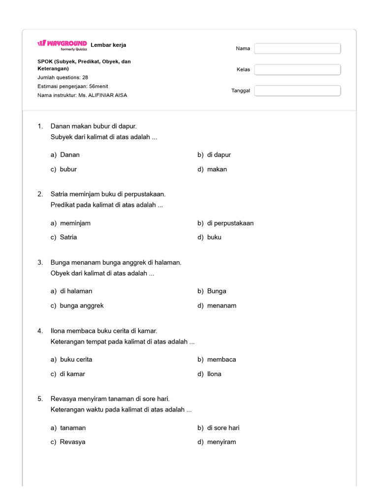 Soal SPOK (Subyek, Predikat, Obyek, dan Keterangan) | PDF