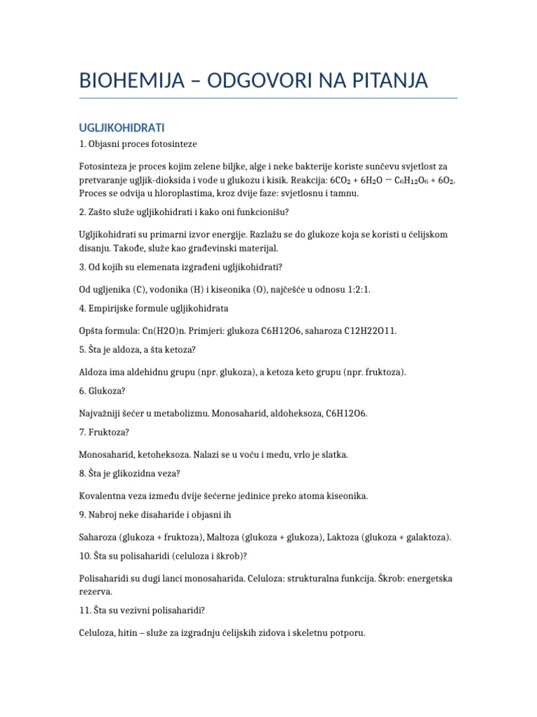 Biohemija Odgovori Numerisano | PDF