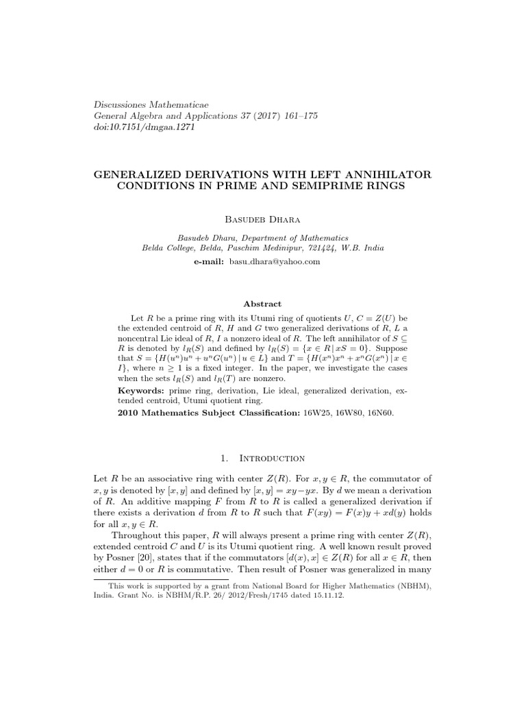 Generalized Derivations in Prime Rings | PDF | Ring (Mathematics) | Algebra