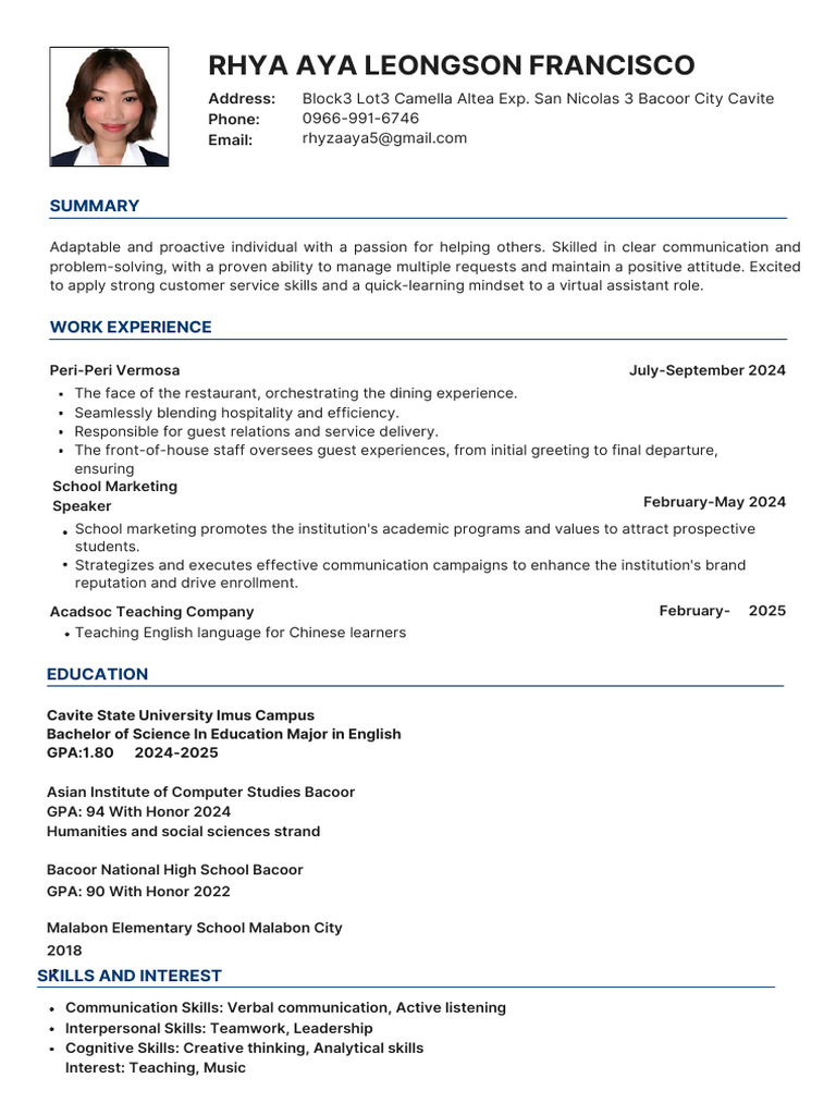 Rhya Aya Leongson Francisco: Address: Phone: Email | PDF