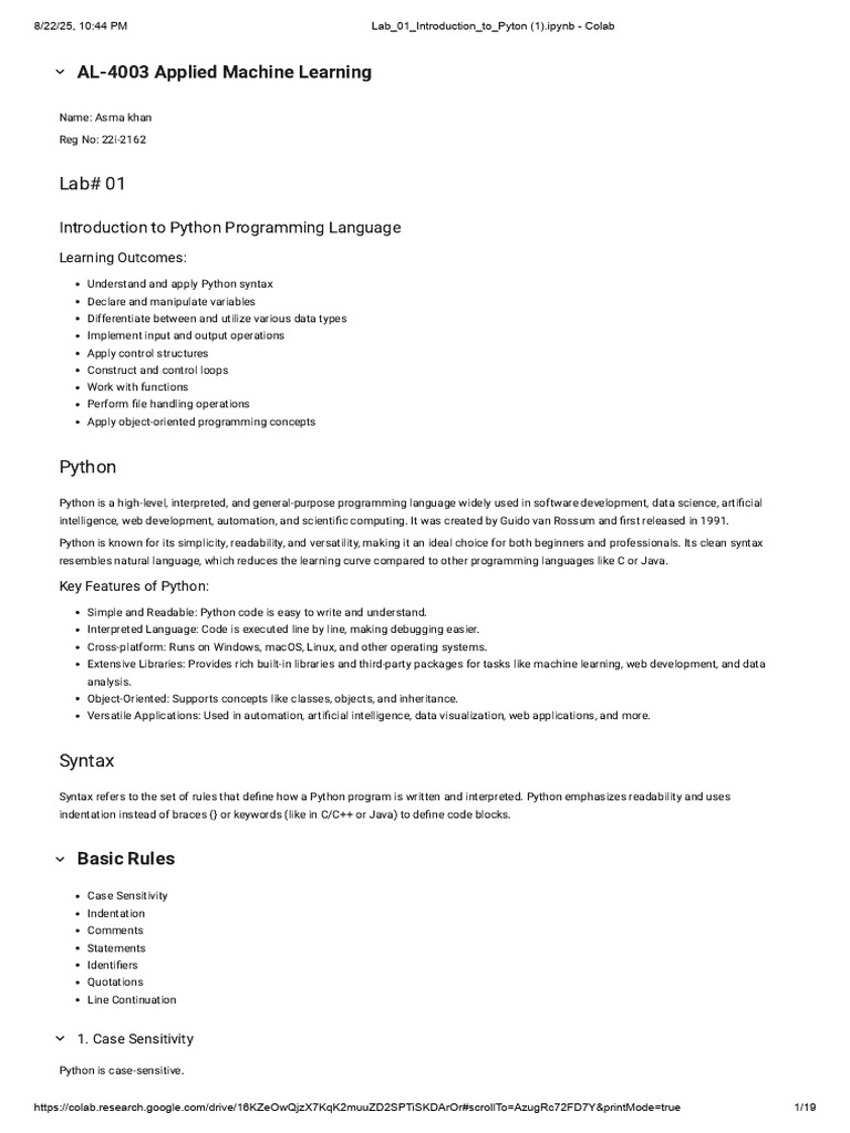 Lab 01 Introduction To Pyton (1) .Ipynb - Colab | PDF | Control Flow | Python (Programming Language)