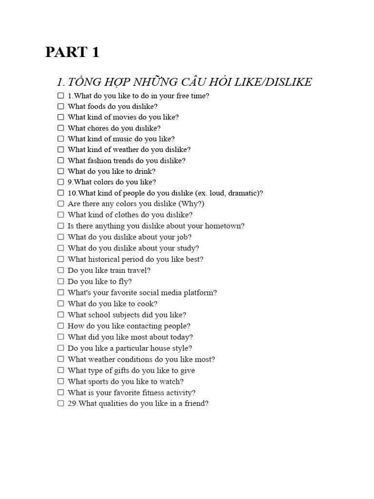 Questions (Like, Dislike, What Kinds and How Often) | PDF