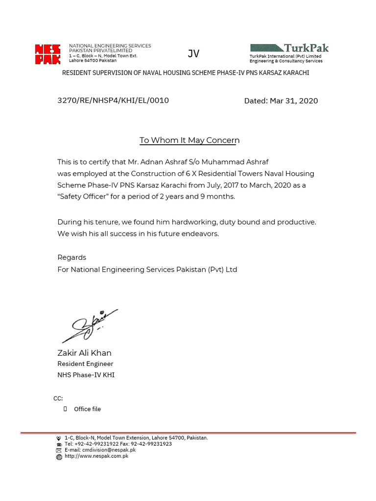 Adnan Ashraf - Experience Letter - NES Pak | PDF