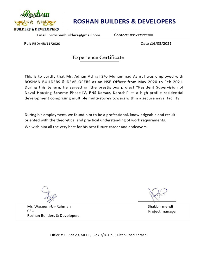 Adnan Ashraf-Experience Letter-Roshan Builders | PDF