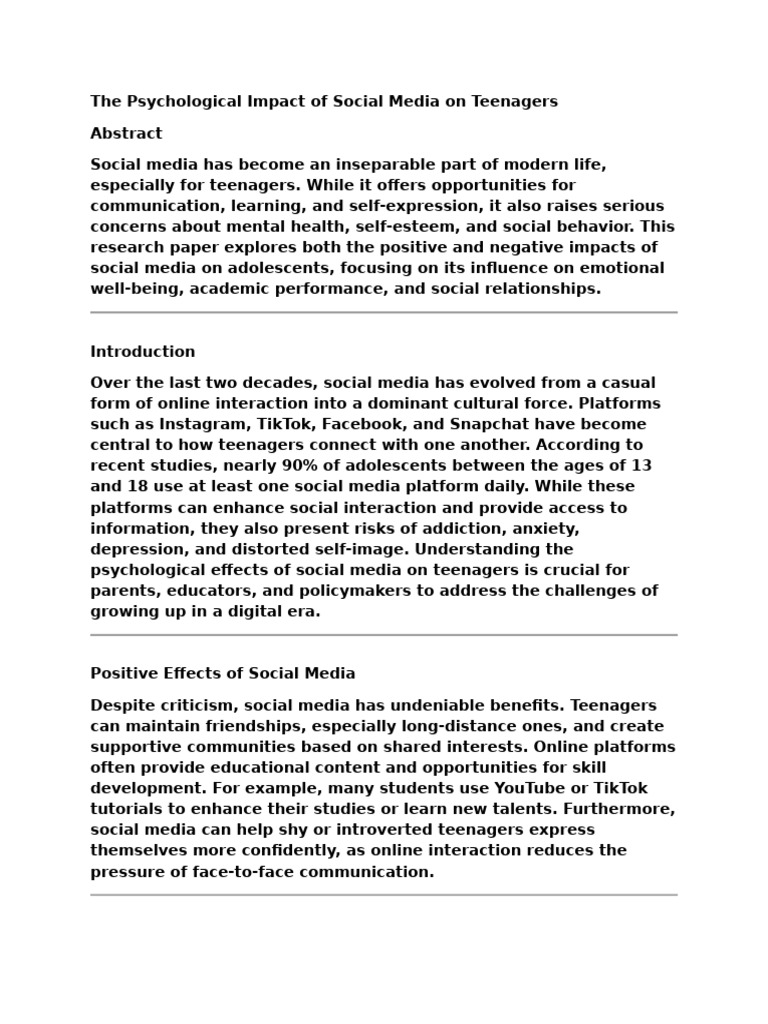 The Psychological Impact of Social Media On Teenagers | PDF ...