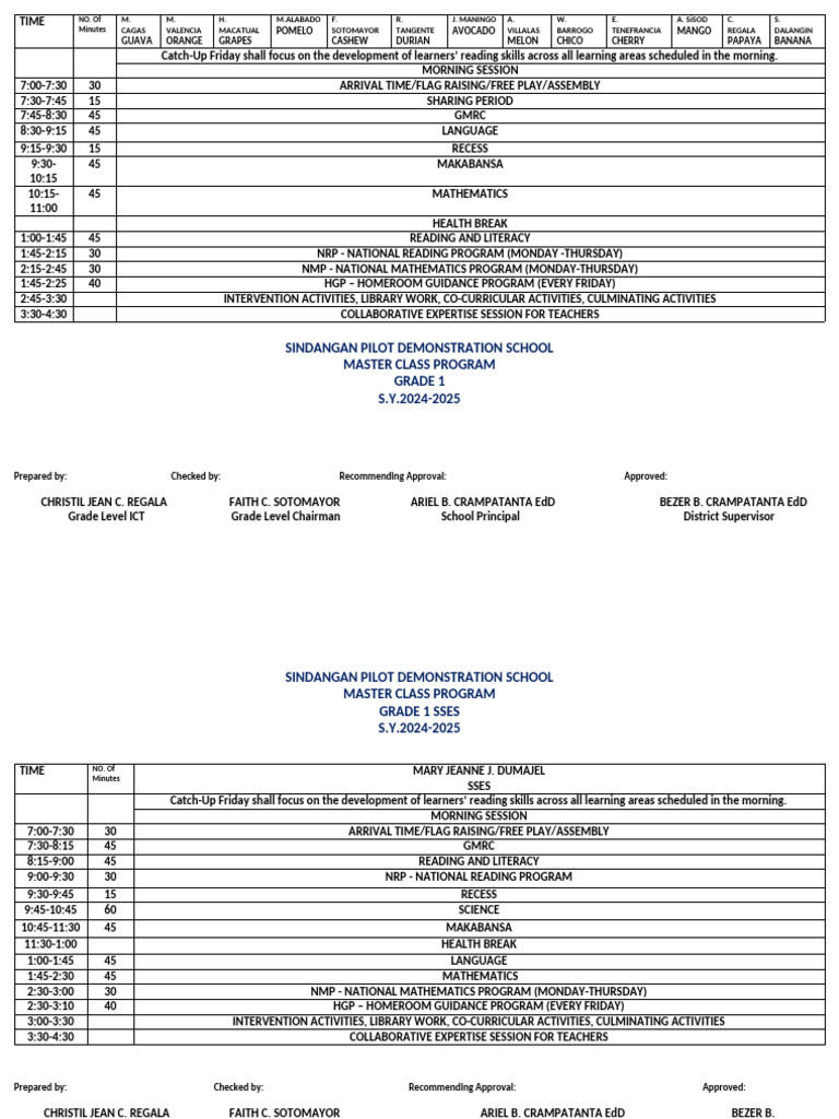 Grade 1 Master Class Program Schedule | PDF | Cognition | Education Theory