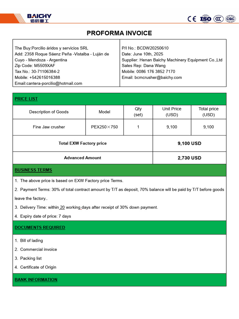 Proforma Invoice for Fine Jaw Crusher | PDF