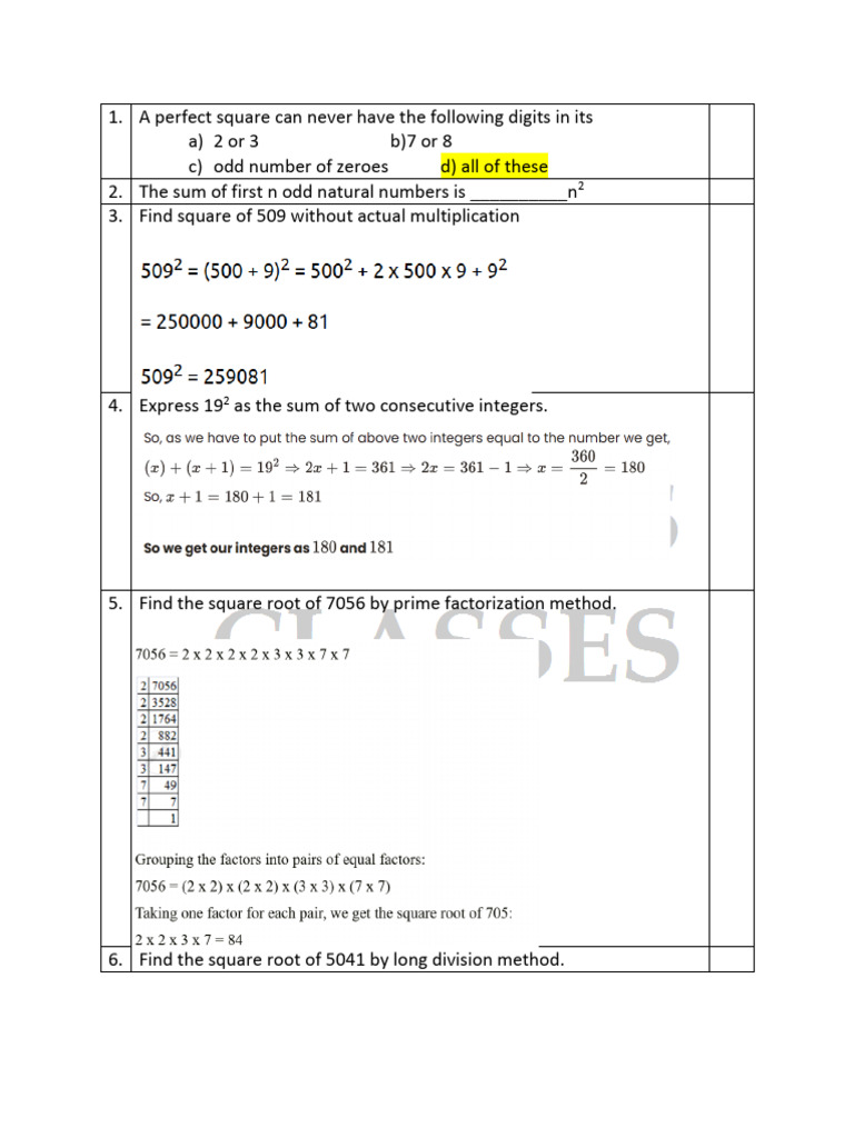 Squares and Square Roots Test_answers | PDF