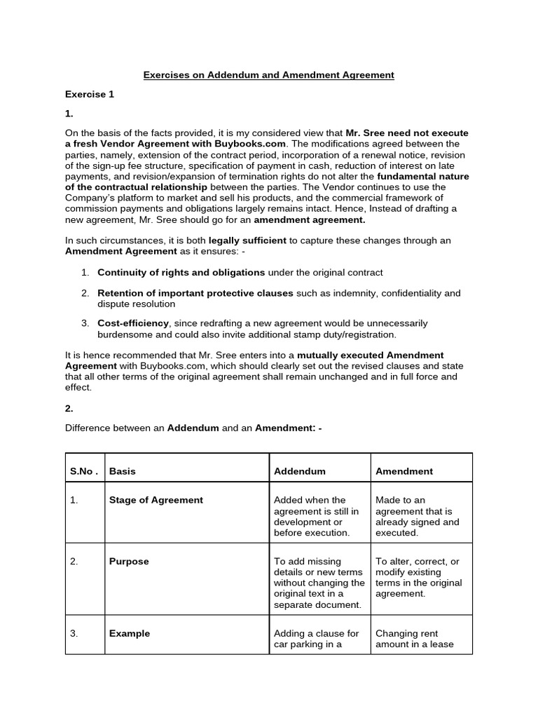 Exercises On Addendum and Amendment Agreement | PDF | Consideration | Lease