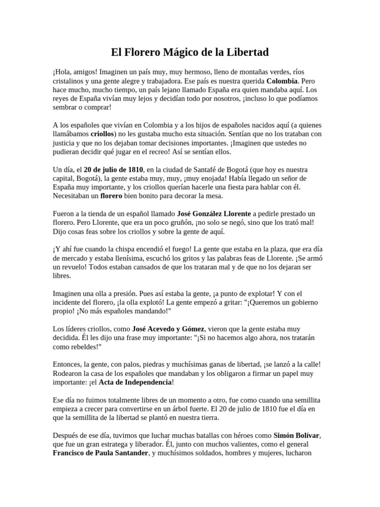 El Florero Mágico de La Libertad - Cuento de La Independencia. | PDF