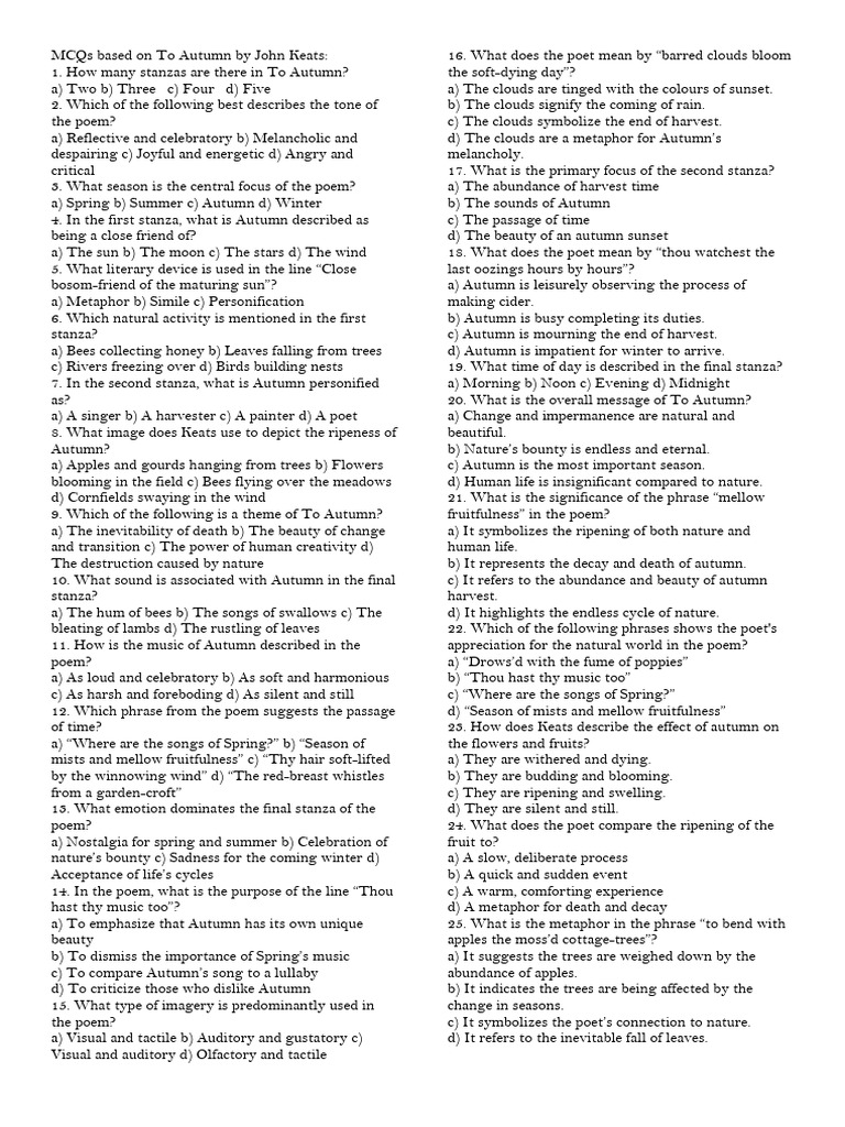 MCQs Based On To Autumn by John Keats | PDF | Autumn