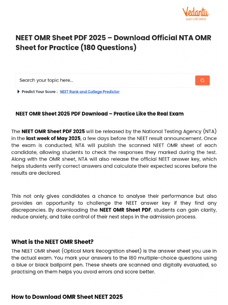 NEET OMR Sheet PDF 2025 - Download Official NTA OMR Sheet For Practice ...