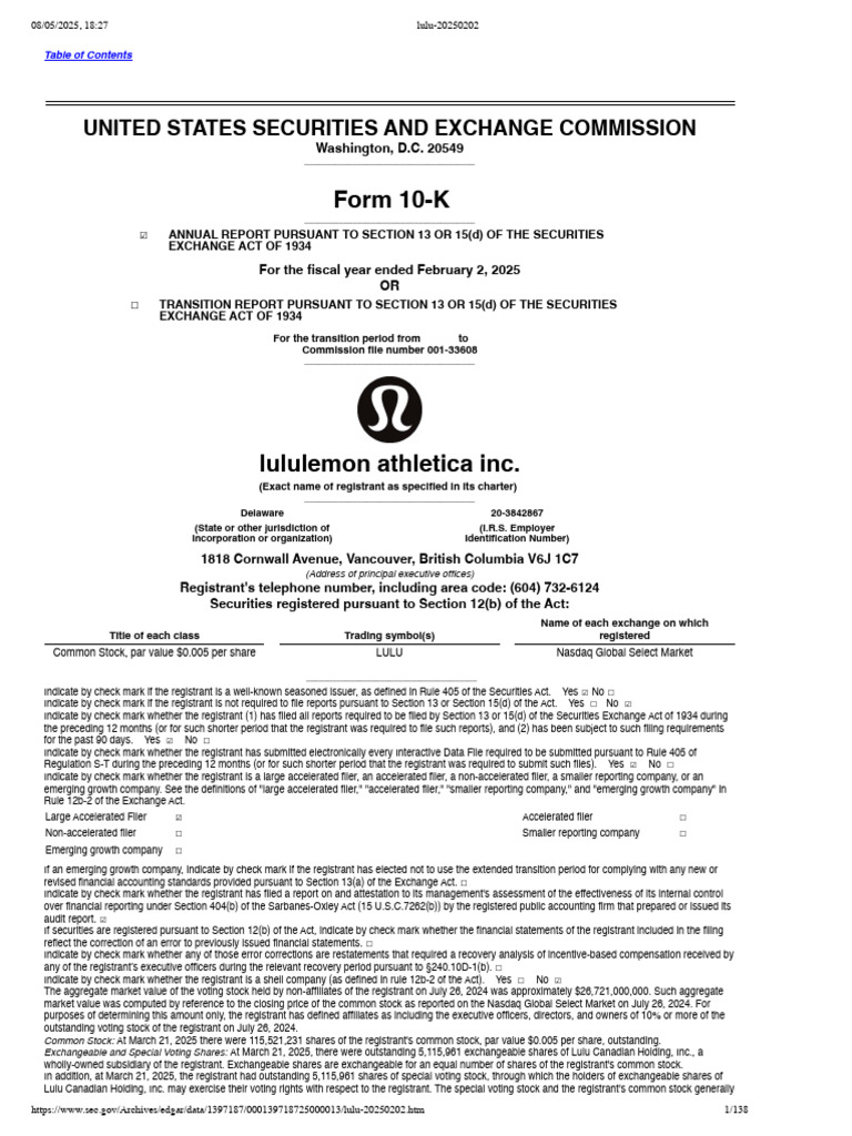 Lululemon 2025 Annual Report Overview | PDF | Stocks | Securities (Finance)