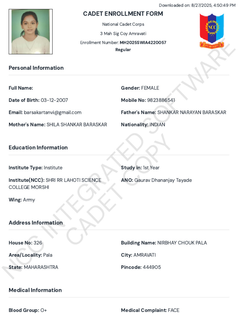 NCC Cadet Enrollment Form 2025 | PDF | Military Life | Youth Organizations