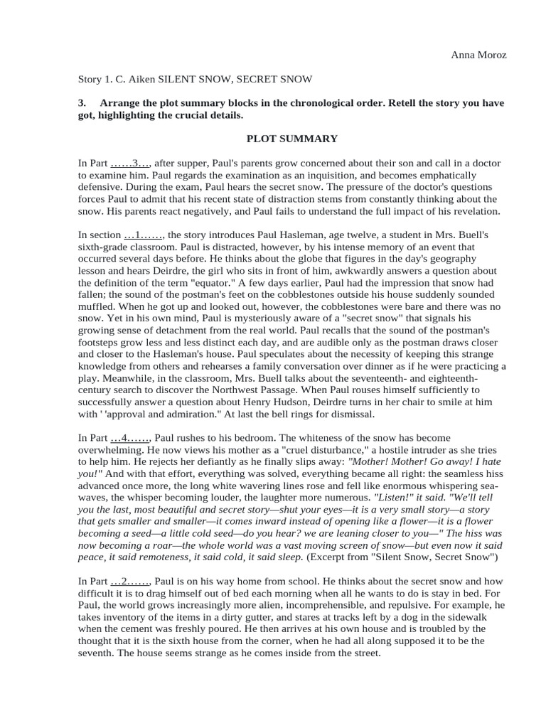 Story 1. C. Aiken Silent Snow, Secret Snow | PDF