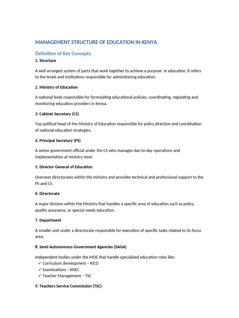Education Management Structure in Kenya | PDF | Curriculum | Teachers