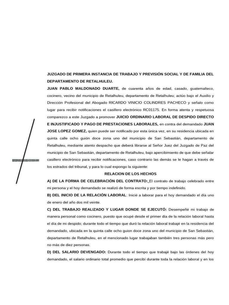 Demanda Ordinadia de Trabajo RICARDO COLINDRES | PDF | Daños y ...
