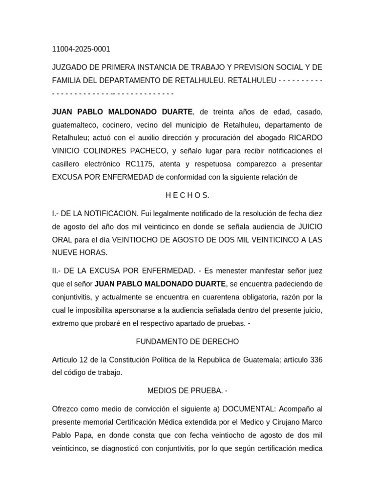 Justificante Excusa Ricardo Colindres | PDF | Justicia | Crimen y violencia